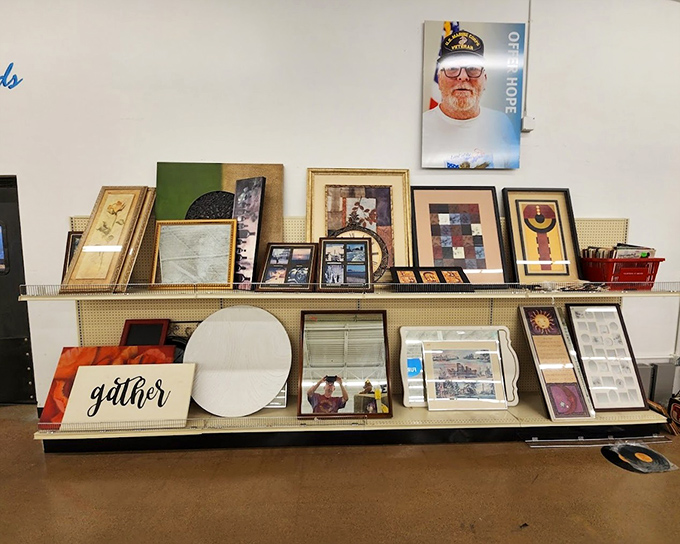 Wall art with stories to tell. That "gather" sign has probably witnessed more family dinners than a Thanksgiving turkey.