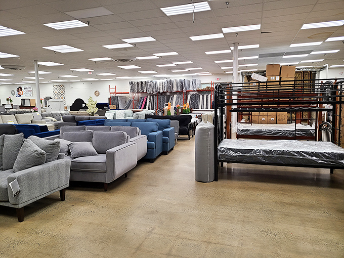 The furniture showroom: where your living room dreams come true without the nightmare prices. That blue sofa is practically begging to come home with you.