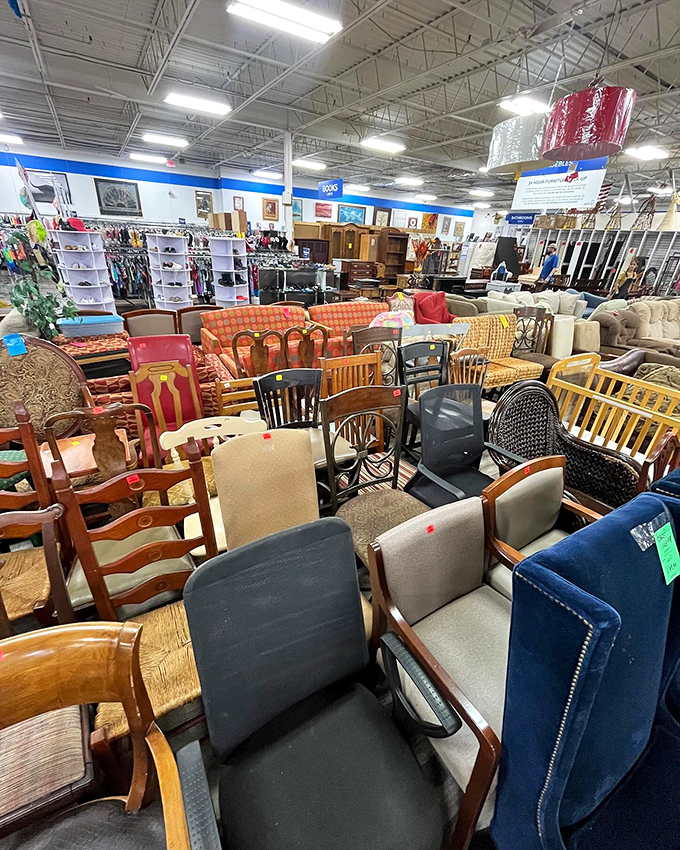 Chair democracy in action&mdash;mid-century modern sits beside country farmhouse while traditional dining chairs observe from nearby. Everyone gets a vote!