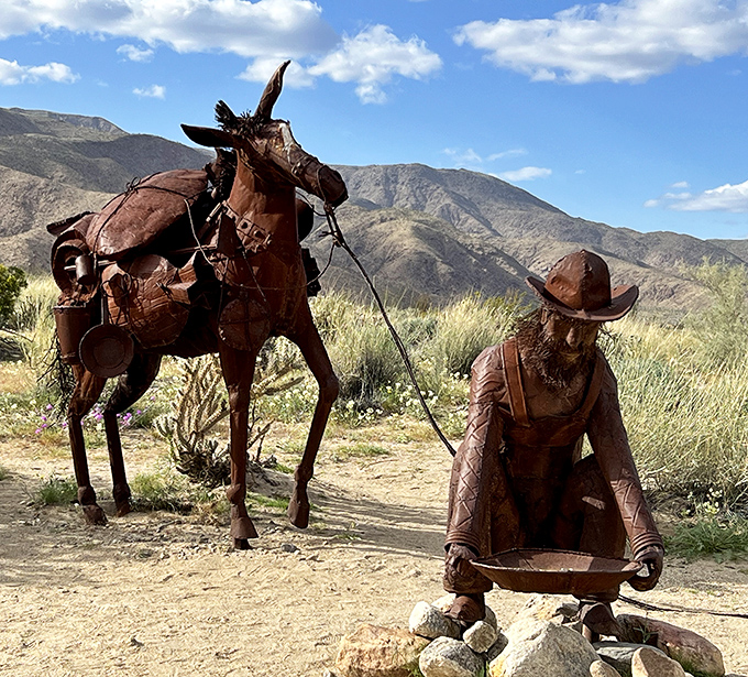 Gold fever dreams cast in metal – this prospector and his trusty mule remind us of California's boom-or-bust heritage.
