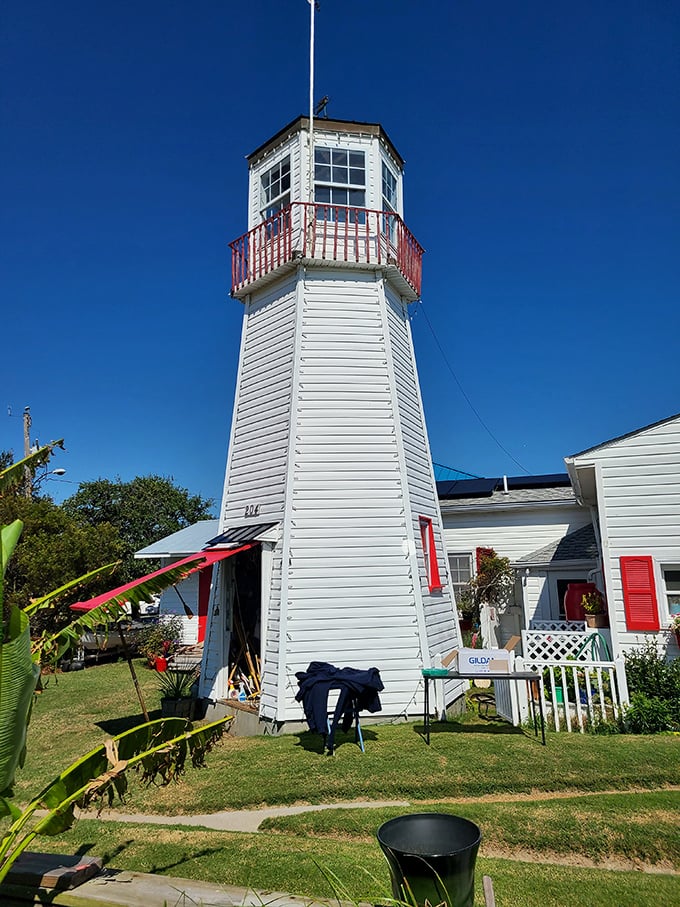 This classic white lighthouse with its splash of red railing stands like a maritime exclamation point against Hampton's brilliant blue skies.