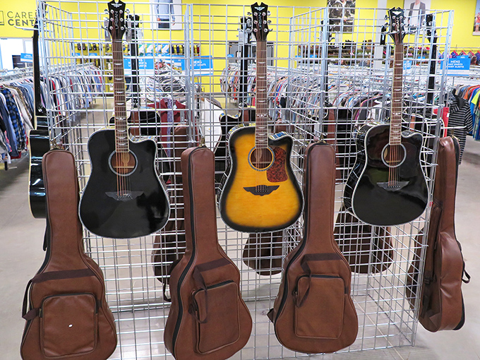 Musical dreams hang on display, waiting for the right hands to bring melodies back.