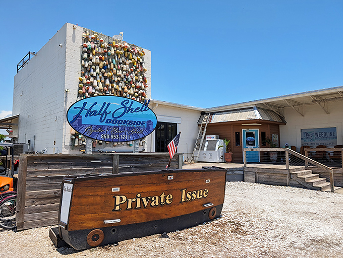 Half Shell Dockside's wall of buoys tells stories of countless fishing expeditions&mdash;each colorful float a chapter in Apalachicola's maritime novel.