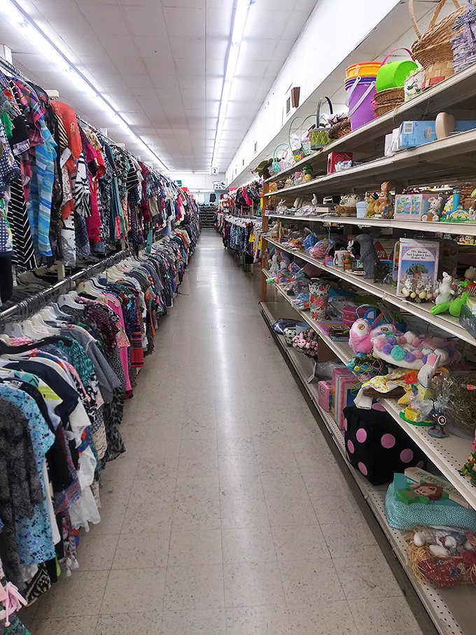 Aisles stretching toward thrift nirvana, where clothing on one side meets household goods on the other in perfect bargain harmony.