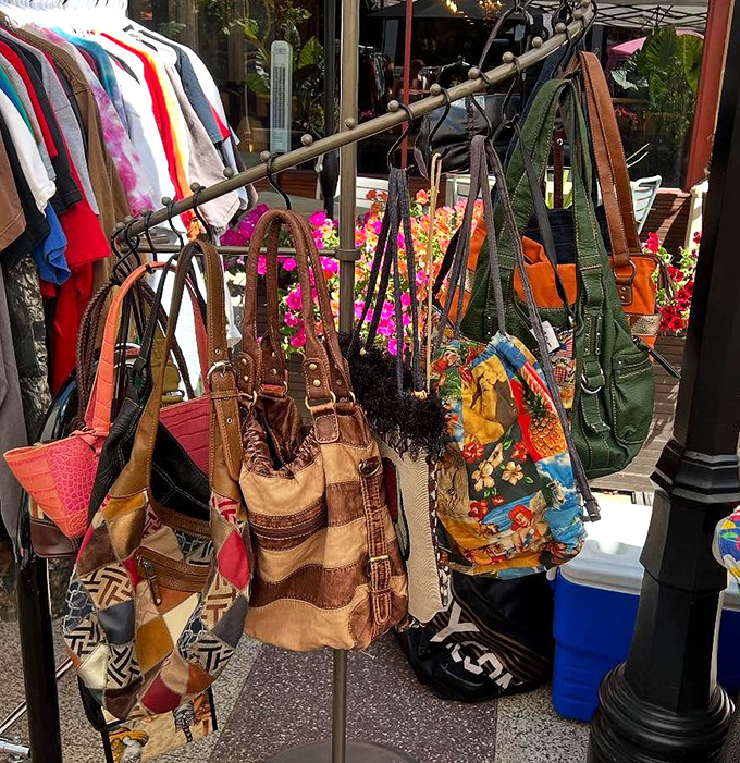 Handbag heaven! Each one carries not just your wallet but stories from decades past. That patchwork tote definitely went to Woodstock.