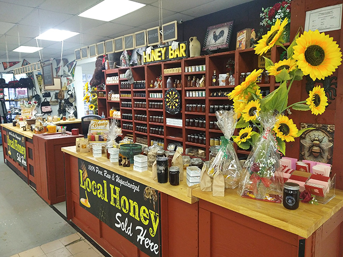 The Honey Bar buzzes with sweet possibilities&mdash;rows of golden jars catching the light while sunflowers stand guard over nature's perfect sweetener.