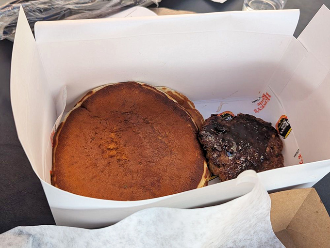 Breakfast meets lunch in a beautiful union. Those hotcakes and chicken would make brunch jealous of its simplicity.