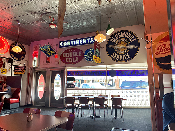 The vintage signs aren't reproductions&mdash;they're authentic pieces of Americana that have found their forever home on these walls.