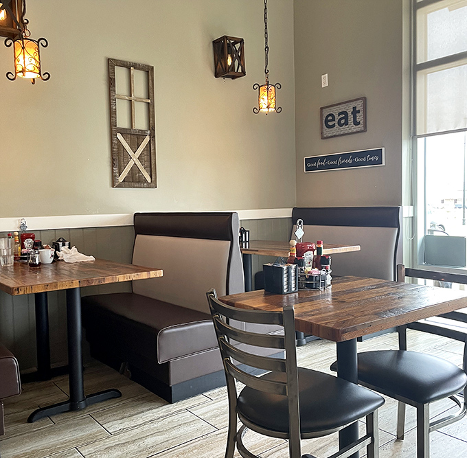 Cozy booths and rustic wall art create that sweet spot between charming and comfortable &ndash; like breakfast at your stylish friend's farmhouse.