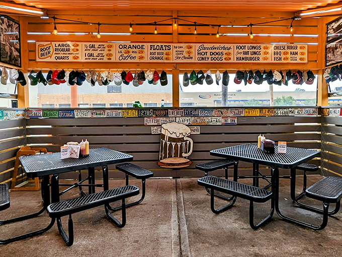Those vintage menu boards and dangling caps create the perfect backdrop for conversations that matter more than whatever's happening on your phone.