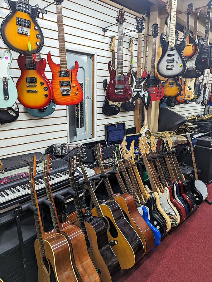 Guitar heaven awaits musicians and collectors alike, with stringed instruments hanging like ripe fruit ready to be plucked and strummed.