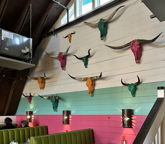 Colorful cattle skulls adorn the walls&mdash;a playful nod to southwestern d&eacute;cor that somehow feels perfectly at home in coastal Delaware.