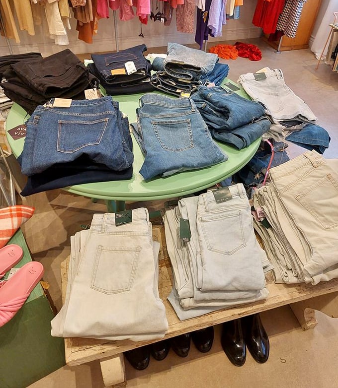 Denim dreams arranged with care—each pair of jeans holds the promise of that mythical perfect fit we're all eternally seeking.