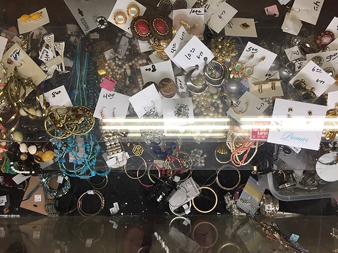 Sparkle central! This jewelry case holds costume glamour and occasional hidden gems, all priced less than your morning latte.