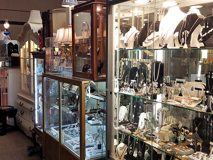 Jewelry cases glittering with possibility – where someone else's discarded treasures become your new statement piece at a fraction of retail.