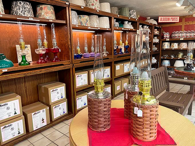 Oil lamps gleam with possibility, their glass chimneys promising warm light even when the power grid decides to take a vacation.