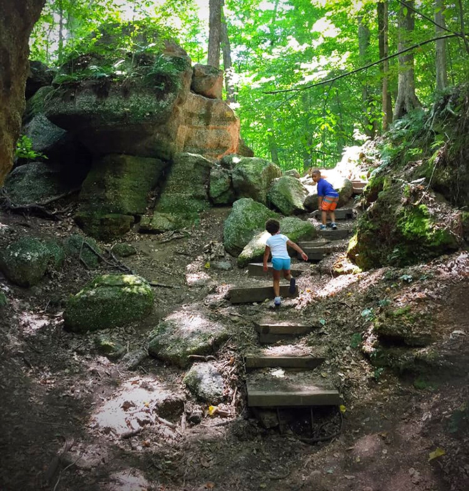 Junior explorers on the move! These young adventurers tackle nature's staircase, collecting memories more valuable than any screen time.