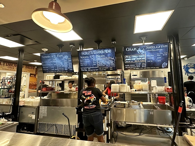 Where seafood magic happens. The menu boards tell you what's available, but the aromas tell you what you're ordering.