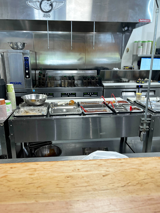 Behind the scenes where the magic happens. Those stainless steel smokers are the unsung heroes of every great barbecue establishment.
