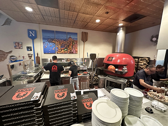 The fiery red oven isn't just cooking pizzas&mdash;it's performing time travel to Naples. Those aren't pizzaiolos, they're culinary magicians.