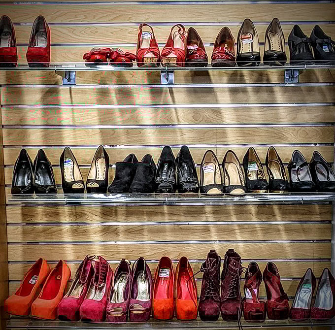 Ruby slippers and practical pumps alike find their way to these shelves. Cinderella didn't need a fairy godmother&mdash;just Goodwill's shoe section.