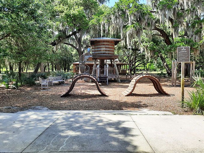 Lake Hiawatha Preserve's whimsical playground emerges from beneath Spanish moss, offering imagination-fueled adventures for the young and young-at-heart.