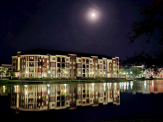 Moonlight bathes the lakeside residences in a silvery glow, turning an ordinary night into a scene from a romantic European film.