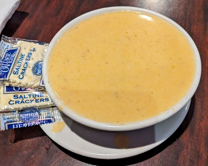 A bowl of creamy soup that warms you from the inside out. Comfort in liquid form, served with saltines for that perfect textural contrast.