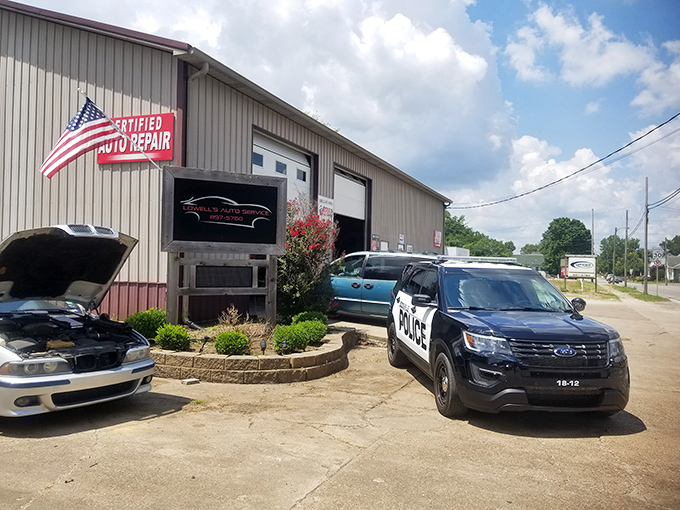 Even auto repair shops in Boonville display that quintessential small-town pride with patriotic flair and meticulous landscaping around the entrance.