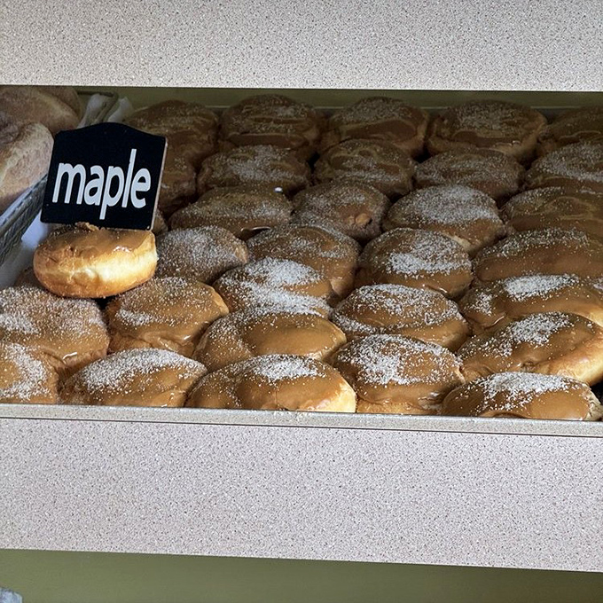 Maple donuts lined up like sweet soldiers ready for deployment to your taste buds. Pennsylvania's answer to Canadian maple syrup obsession.