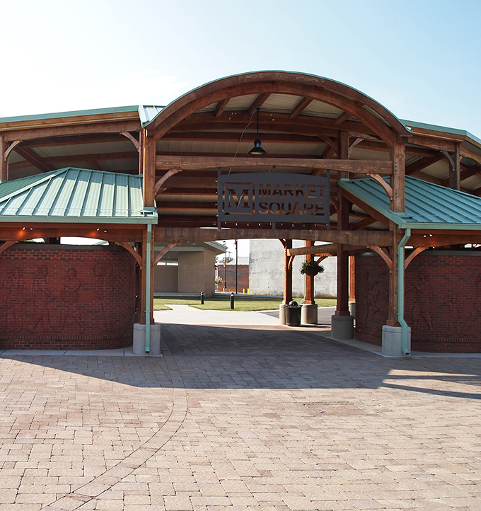 Market Square's timber-framed pavilion creates the perfect gathering spot for community events. If these beams could talk...