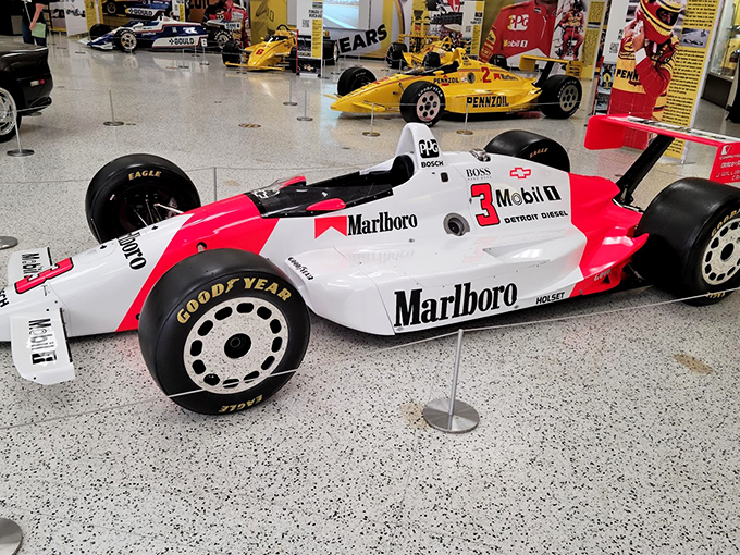 The Marlboro racing legacy lives on in this pristine white and red machine that looks fast even under museum lighting.