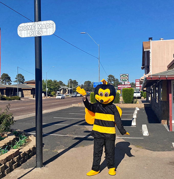 Nothing says "we take our homemade pies seriously" quite like a person in a bee costume waving you into the parking lot.