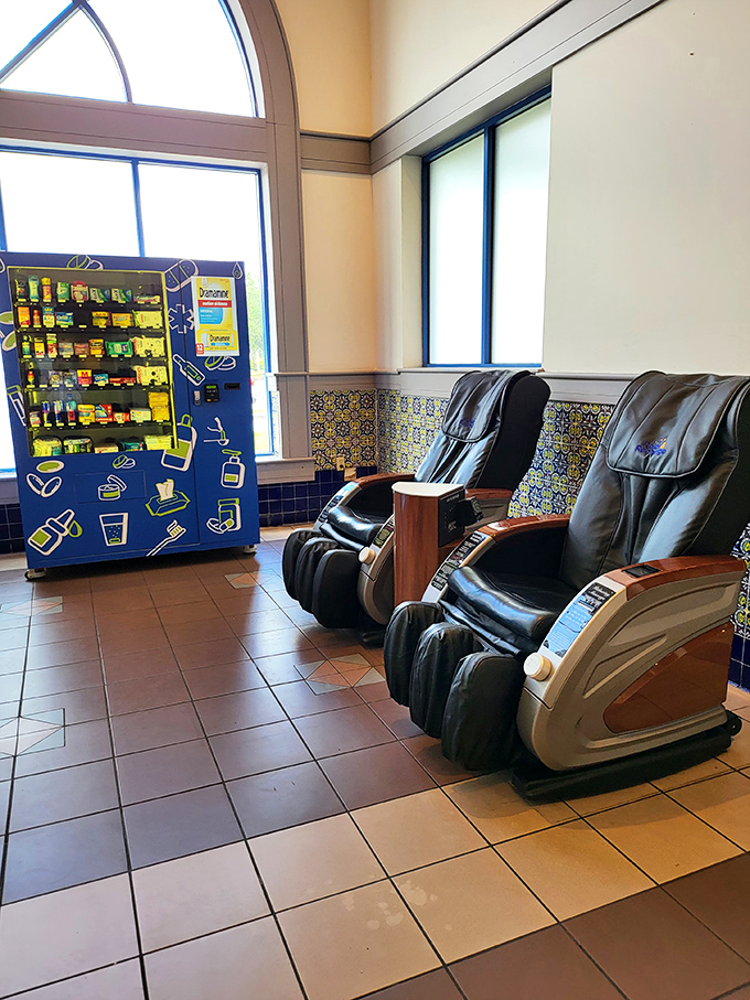 Massage chairs and snack machines—the unsung heroes for shopping companions who've reached their retail endurance threshold.