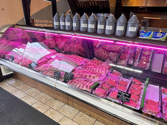 The meat case glows like the jewelry counter at Tiffany's, except these treasures are destined for your stomach rather than your fingers.
