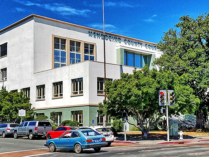 The Mendocino County Courthouse stands like a dignified elder statesman, probably judging your parking job as you drive by.