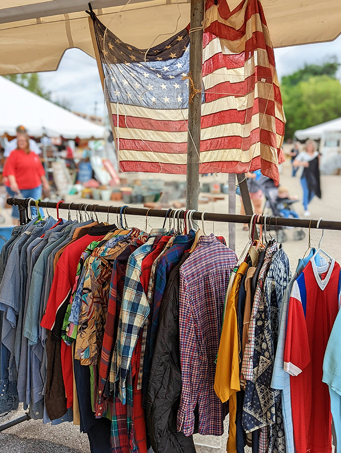Patriotic backdrop frames a rainbow of vintage clothing. That Hawaiian shirt is calling your name—and promising to make you the hit of next summer's barbecue.