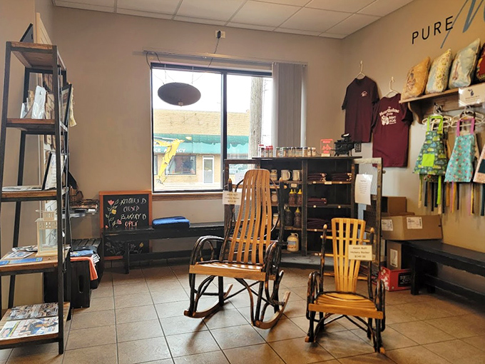 A cozy corner for browsing local wares. Those rocking chairs aren't just furniture&mdash;they're an invitation to slow down and stay awhile. 