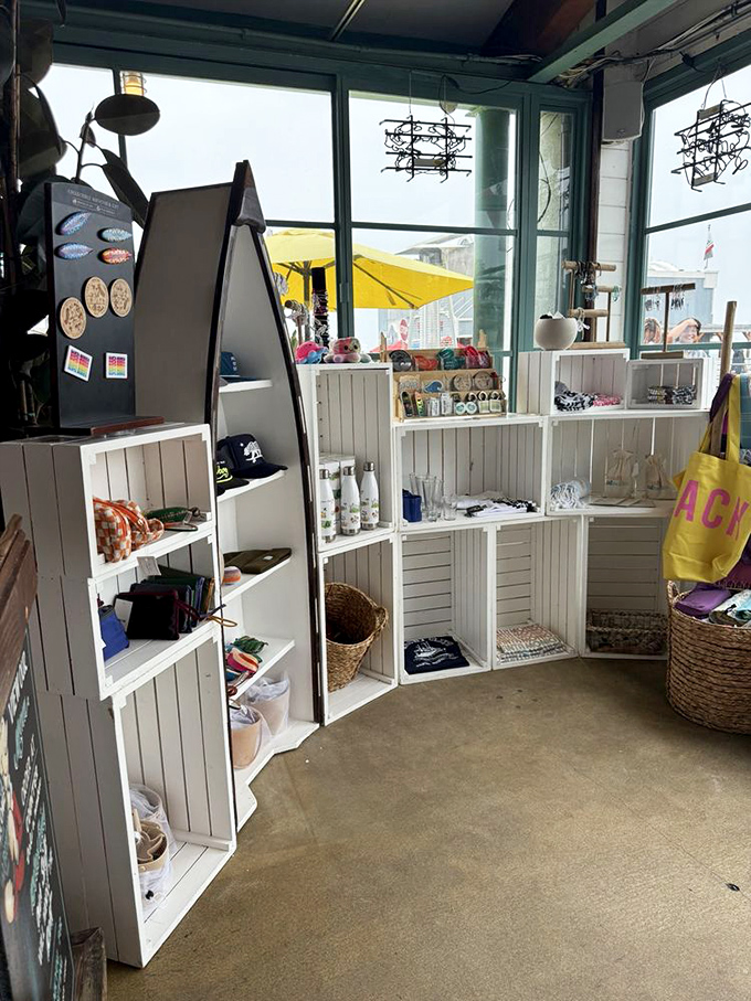 Coastal-themed merchandise corner where you can take home memories that won't spoil in your suitcase. Unlike that lobster roll you're considering.