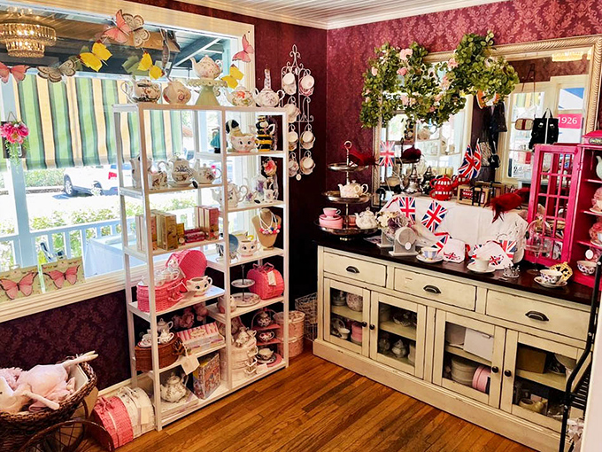 A tea lover's treasure trove where Union Jack merchandise reminds you that proper tea is serious business, even in sunny California.