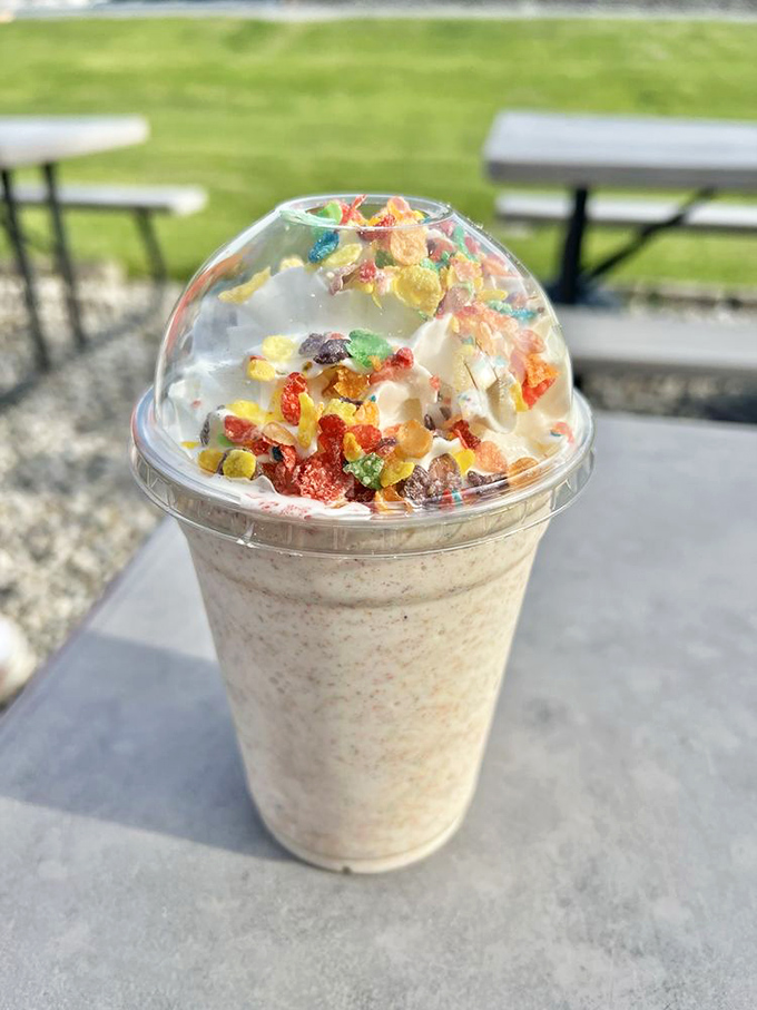 This isn't just a milkshake&mdash;it's a carnival in a cup, topped with enough colorful cereal to make your inner child high-five your adult self.