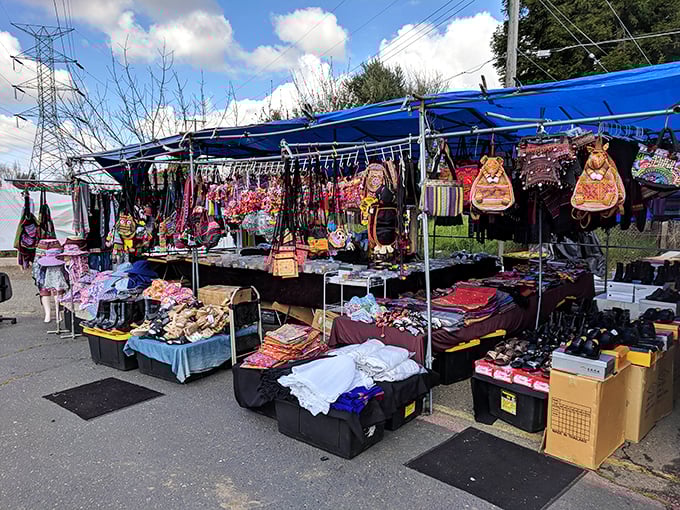 Vibrant handcrafted bags hang like exotic fruit, their embroidered designs and rainbow colors bringing a touch of global artistry to the Sacramento suburbs.