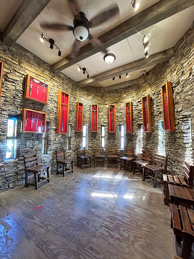 Swords and daggers mounted with museum-quality precision, minus the actual medieval danger factor.