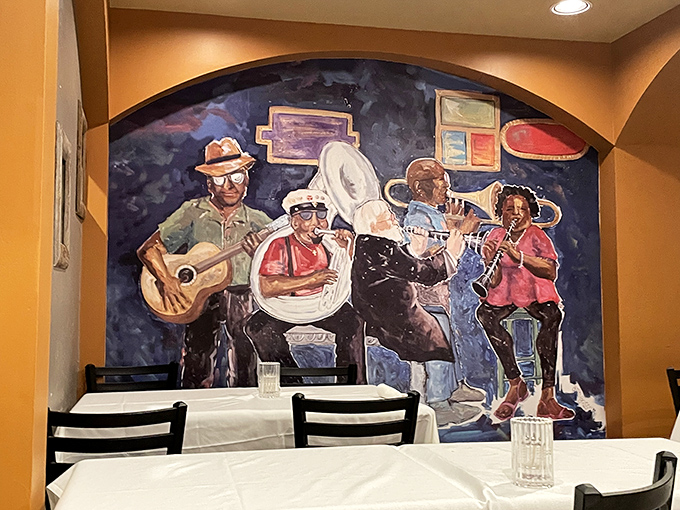 Jazz musicians immortalized in brushstrokes provide the perfect backdrop for meals that hit all the right notes.