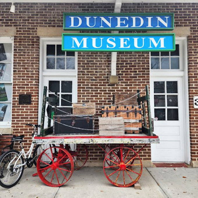 Dunedin Museum's vintage wagon parked out front serves as both historical artifact and Instagram backdrop &ndash; history that knows how to market itself.