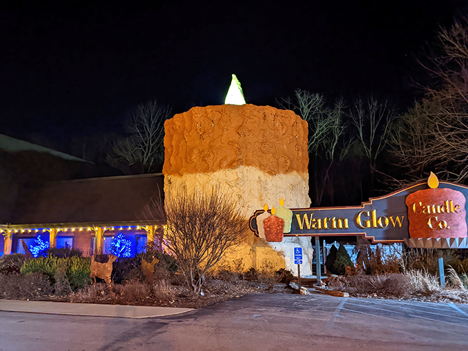 After dark, the World's Largest Candle truly lives up to its name, glowing like a lighthouse for lost shoppers on Interstate 70.