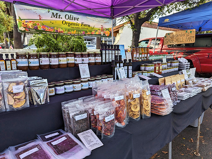 The farmers market showcases Ojai's agricultural bounty, where dried fruits and preserves capture California sunshine in convenient take-home form.