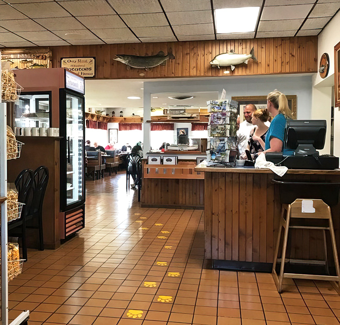 Where fish replicas watch over transactions and the yellow footprints on the floor lead to happiness, one plate at a time.