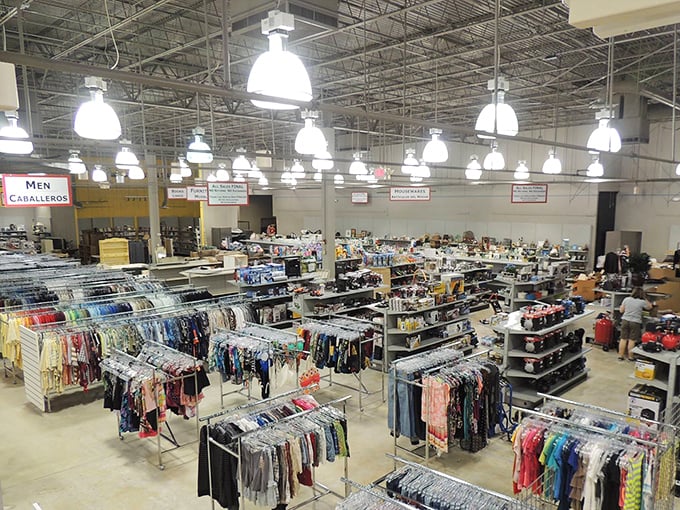 Bird's eye view of organized chaos. The thrift store's layout makes navigating this sea of potential treasures surprisingly manageable.