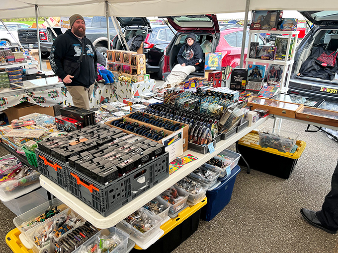 Outdoor collectible displays where one person's basement cleanout becomes another's prized possession and conversation starter.